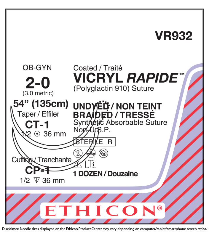 Ethicon VR932 Sutures 2-0 Coated VICRYL RAPIDE Undyed CT-1 54'' 12/Box ...